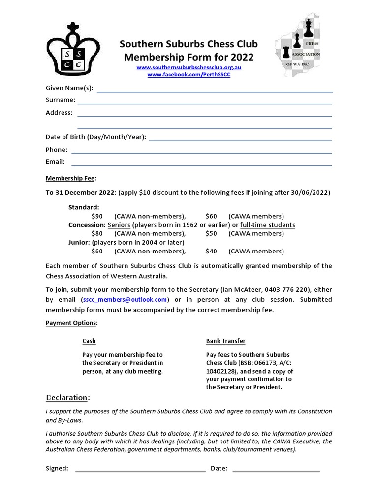 16.10.2022 - Southern Suburbs Chess Club - 2022 Membership Form | PDF