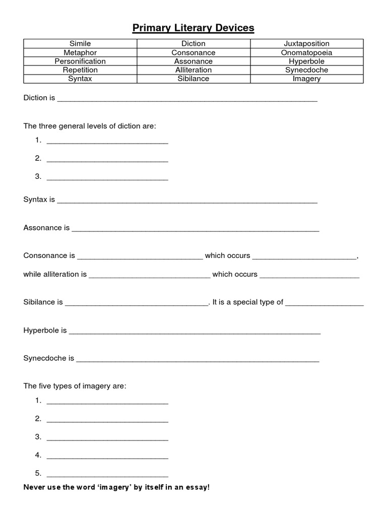 Literary Devices Worksheet | PDF | Linguistics | Human Communication