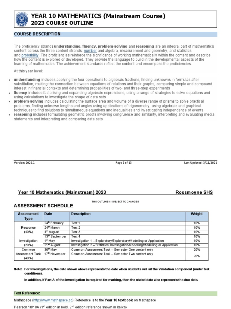 Year 10 Maths Mainstream Program 2023 | PDF | Equations | Area