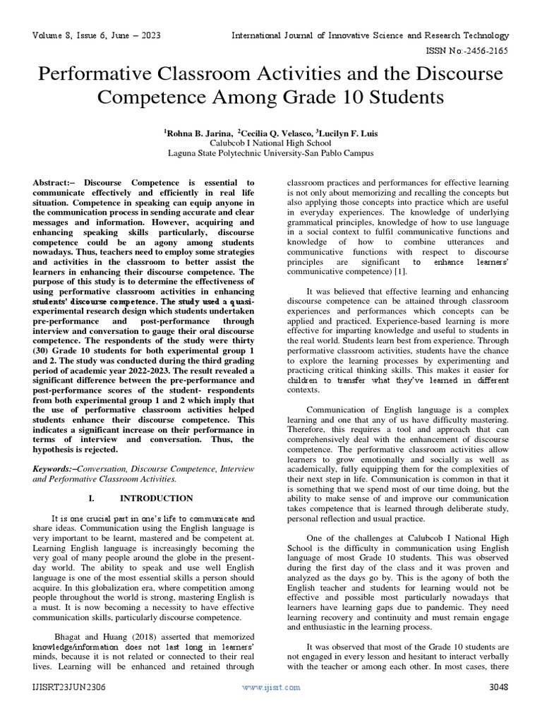 Performative Classroom Activities and The Discourse Competence Among ...