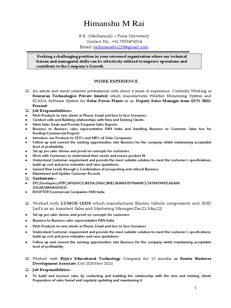 Himanshu Rai - Resume | PDF | Sales | Business