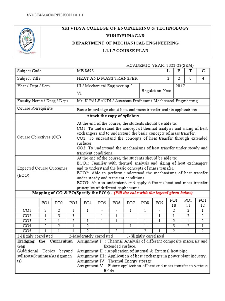 1.1.1.7 Course Plan HMT | PDF | Physical Phenomena | Heat Transfer