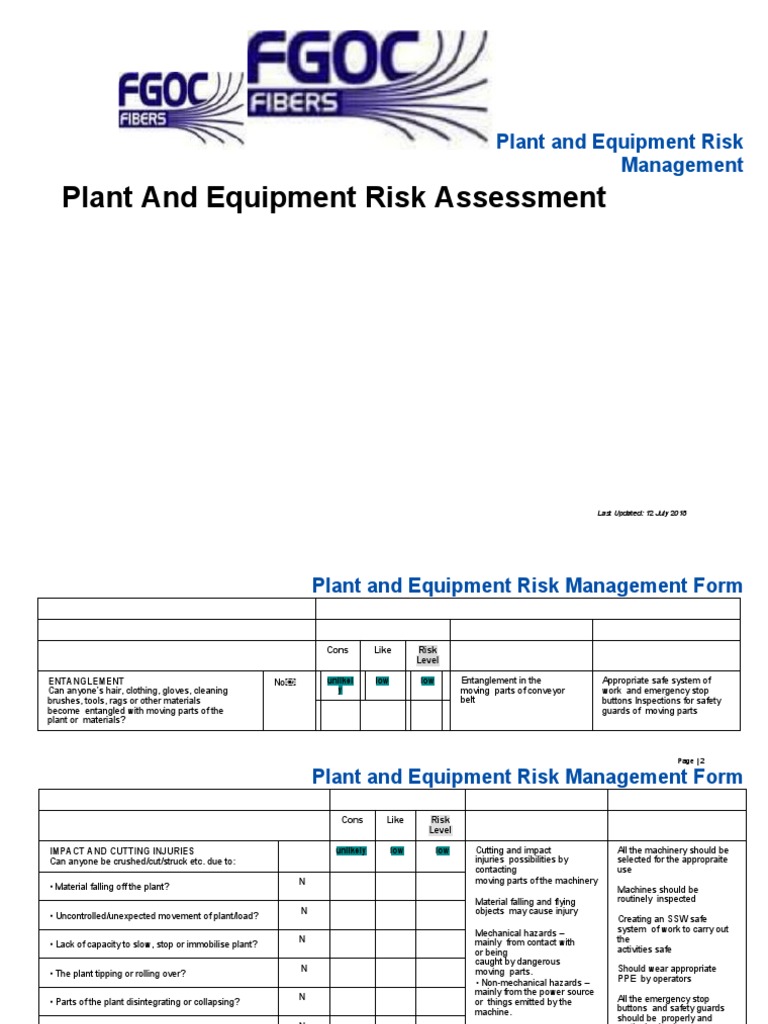 Plant and Equipment Risk Assessment Fgoc - New | PDF | Noise | Safety