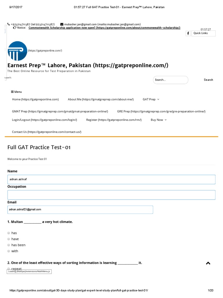 Full GAT Practice Test 01 Earnest Prep L | PDF | Area