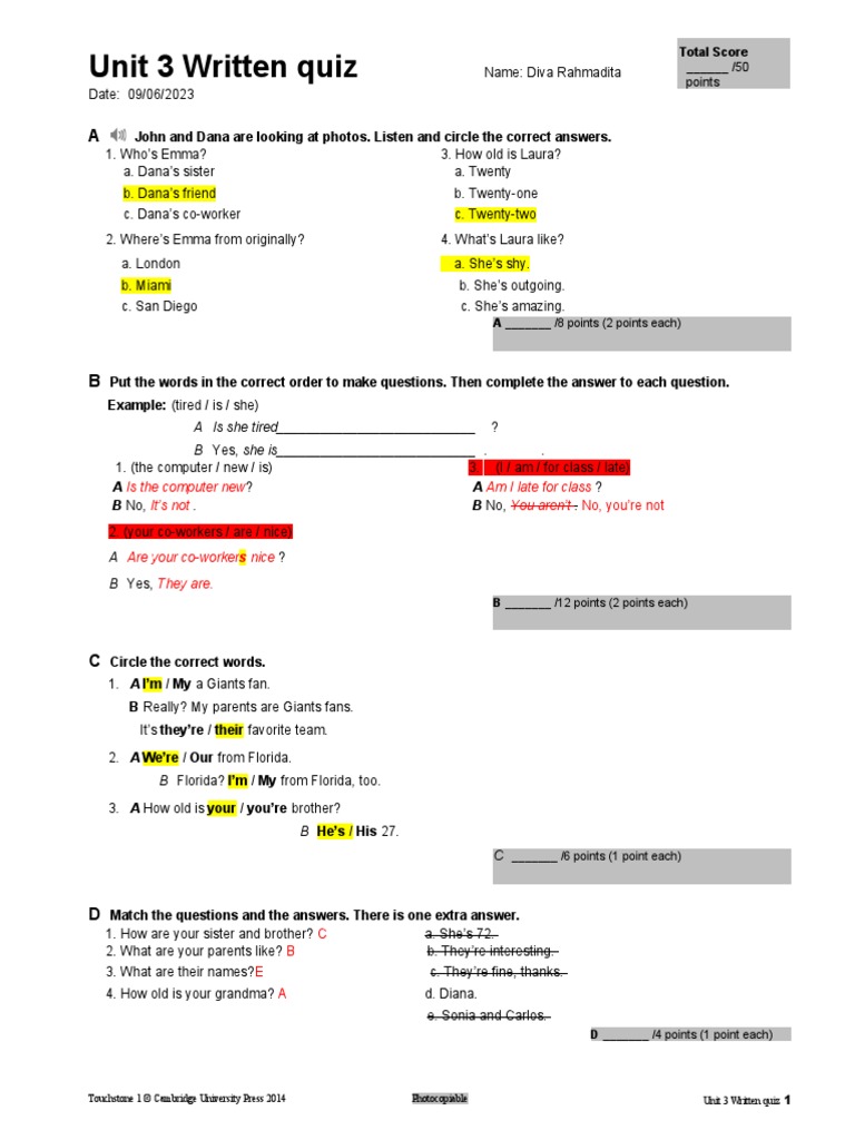 Latihan Quiz Toaz - Info Touchstone 1 Unit 3 Written Quiz 3 PR | PDF | Linguistics