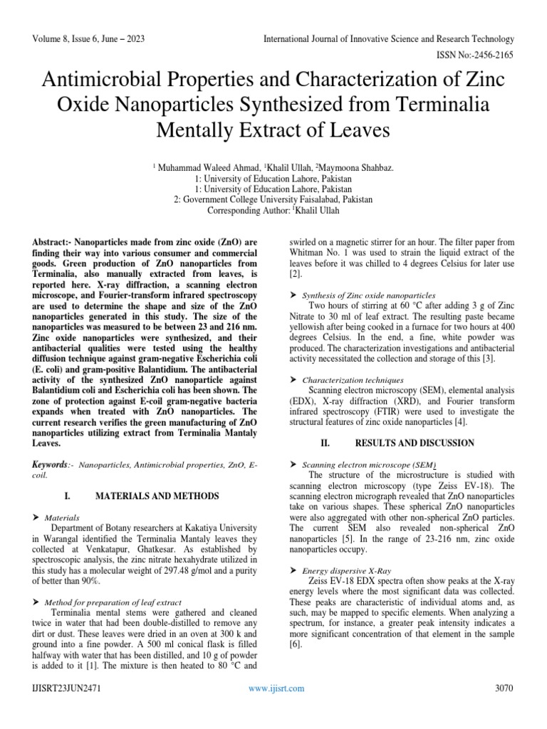 Antimicrobial Properties and Characterization of Zinc Oxide Nanoparticles Synthesized From ...