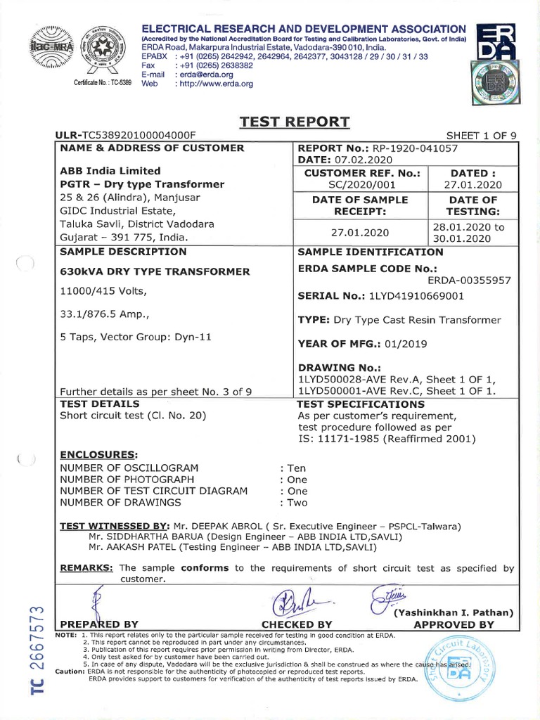 ERDA - SC Test Report - 630kVA 11000 415V | PDF