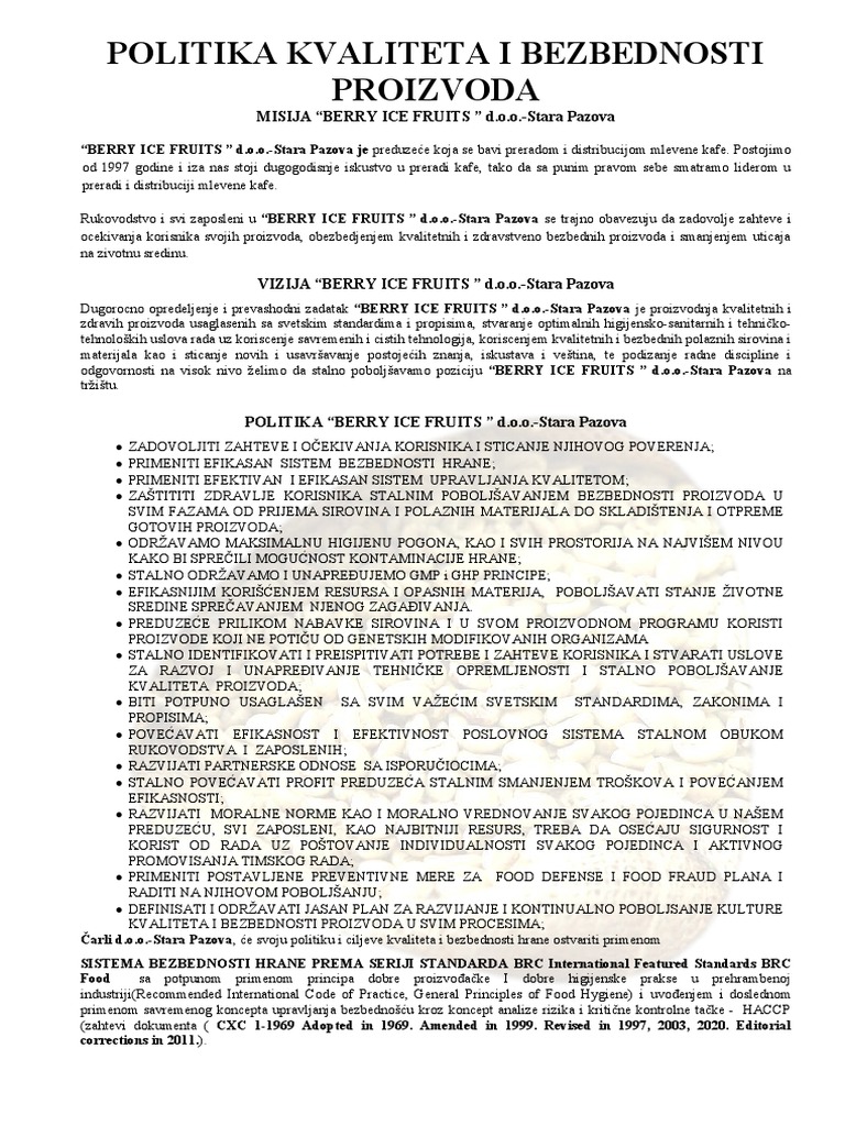 Prilog 6 Politika Kvaliteta I Bezbednosti Proizvoda | PDF