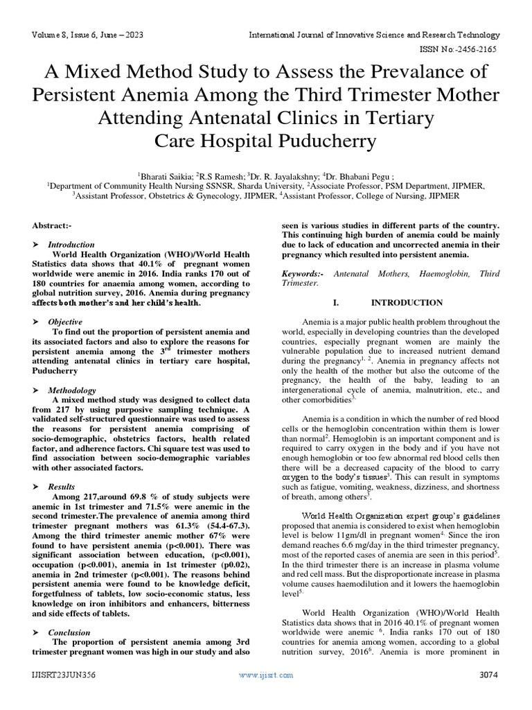 A Mixed Method Study To Assess The Prevalance of Persistent Anemia ...