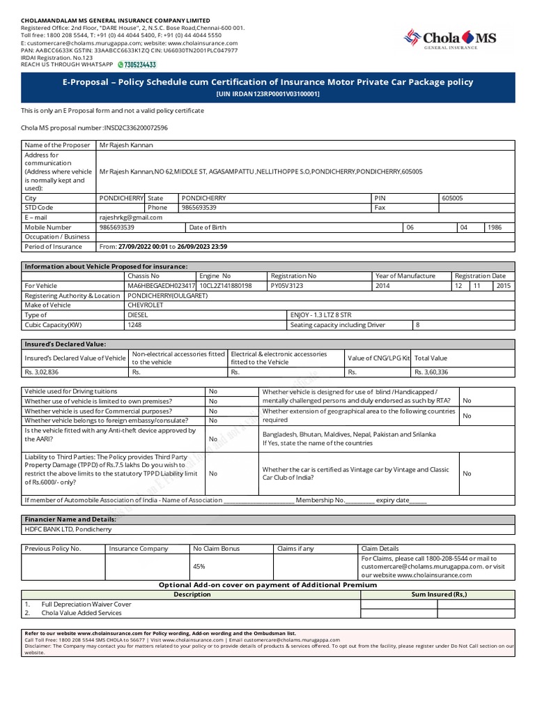 E-Proposal - Policy Schedule Cum Certification of Insurance Motor ...
