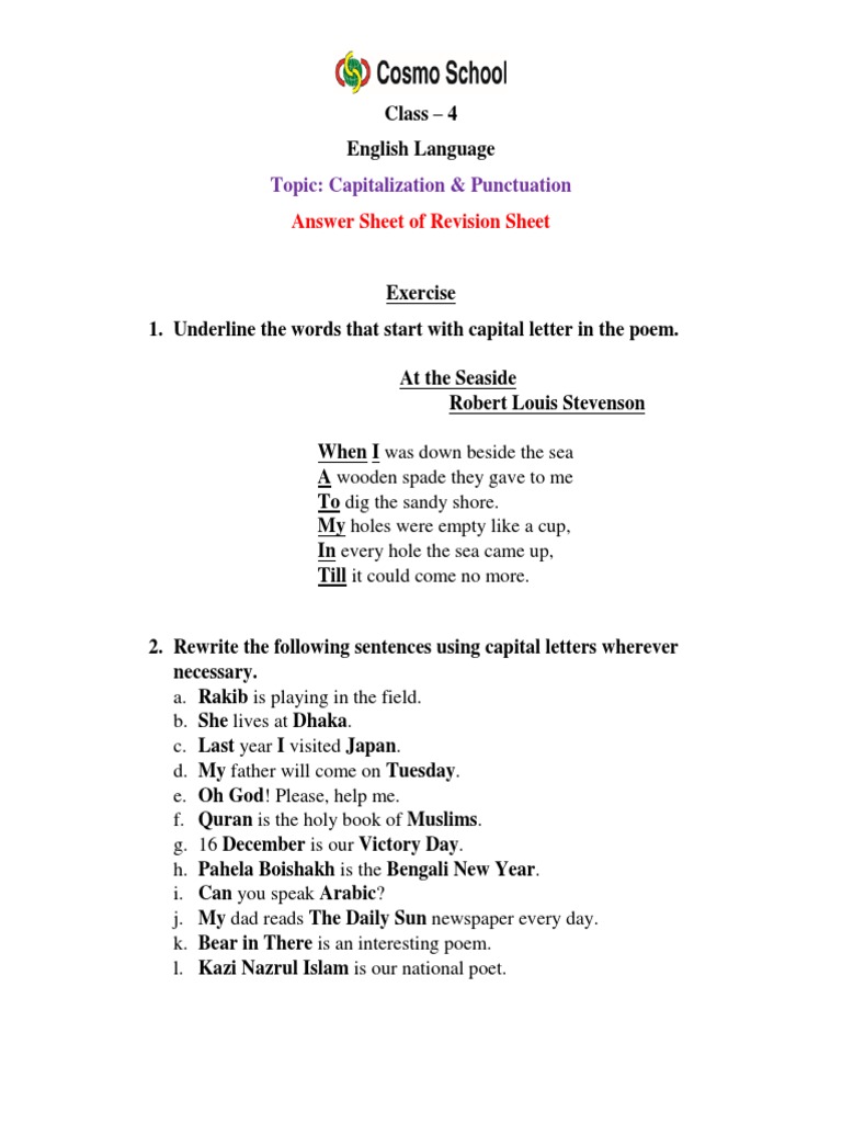 Class - 4, Language, Capitalization & Punctuation, Answer Sheet | PDF | Punctuation