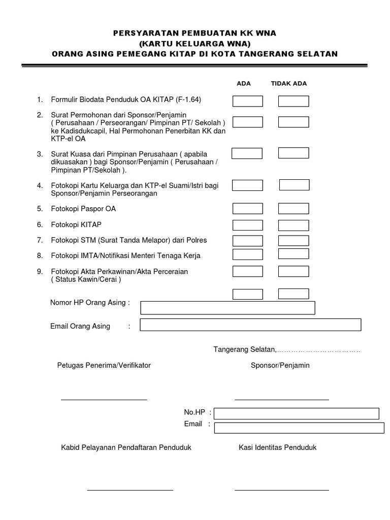 Checklist Persyaratan KK Wna | PDF