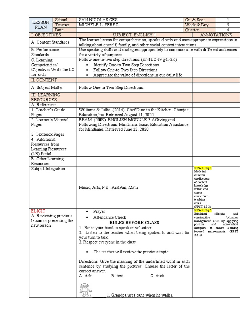 English - Follow 1 To 2 Step Direction LP | PDF | Teachers | Learning