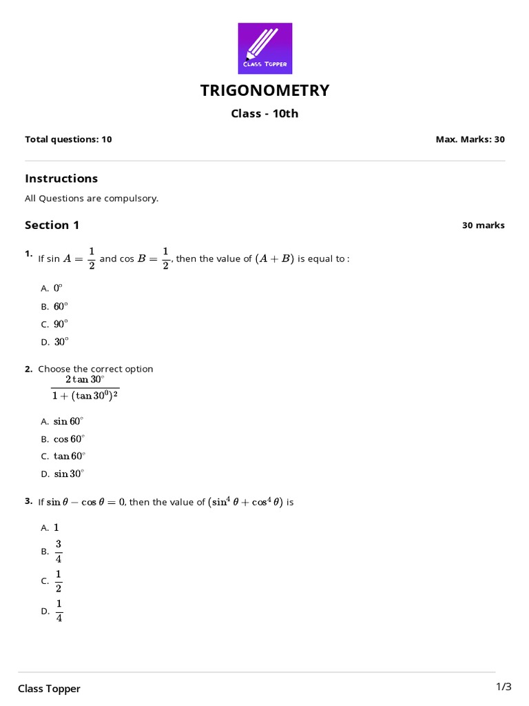 TRIGONOMETRYquestion Paper-1 | PDF | Trigonometry | Triangle Geometry