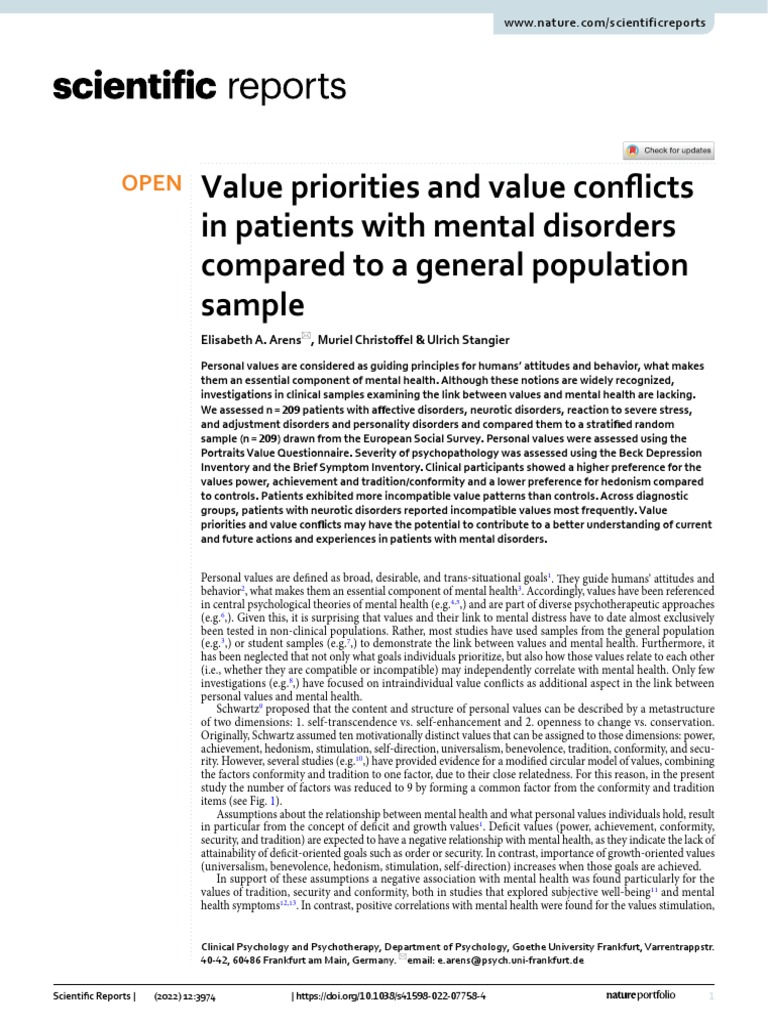 Value Priorities and Value Conflicts in Patients With Mental Disorders ...