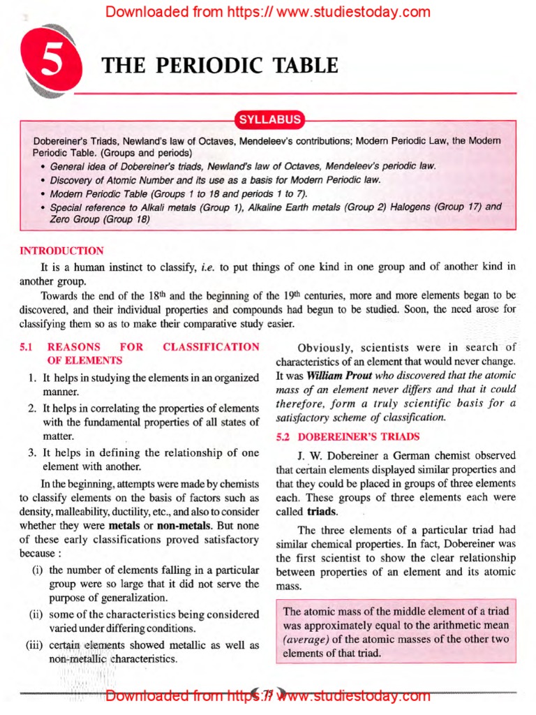 ICSE Class 9 Chemistry Chapter 05 The Periodic Table | PDF