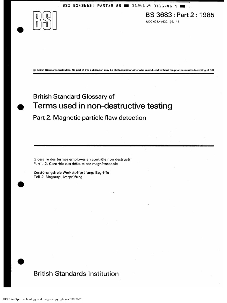 BS 3683 Part 2 1985 Terms Used in NDT MPI (Magnetic Particle Flaw ...
