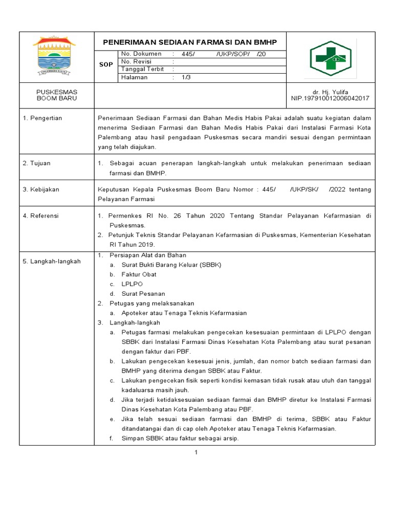 Sop Penerimaan Sediaan Farmasi Dan BMHP | PDF | Pengembangan Diri | Kesehatan Holistik