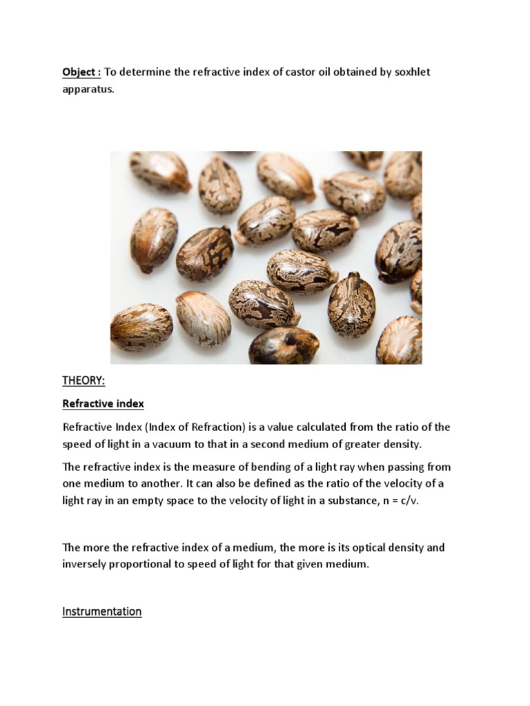 Refractive Index of Castor Oil by Soxhlet Apparatus | PDF | Refractive ...