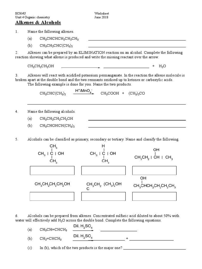 Practice Reactions of Alocohols Worksheet | PDF | Alkene | Organic Compounds