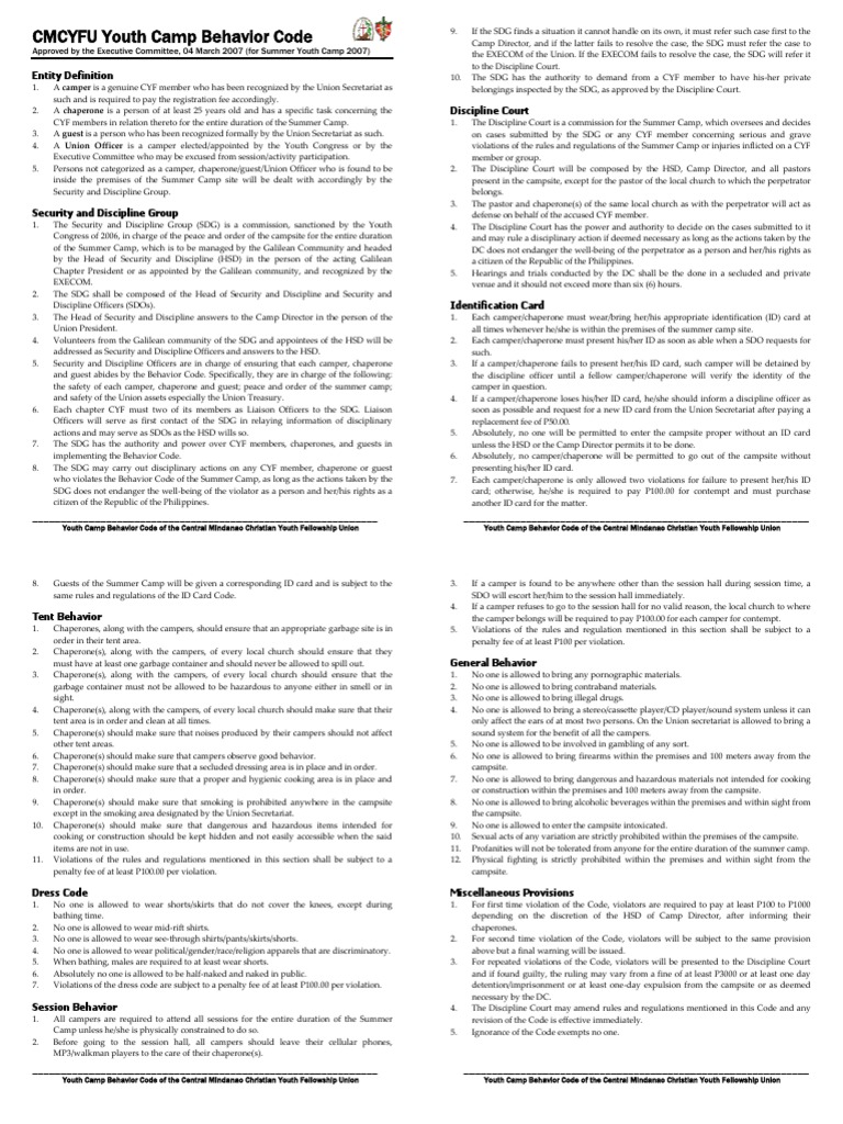 Youth Camp Behavior Code and Camp Schedule of Activities | PDF ...