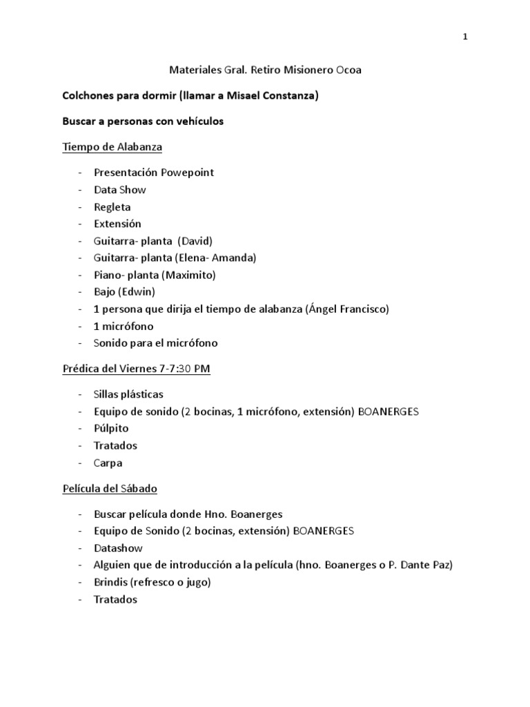 Retiro Materiales Grales Mision Ocoa | PDF | Religión y espiritualidad