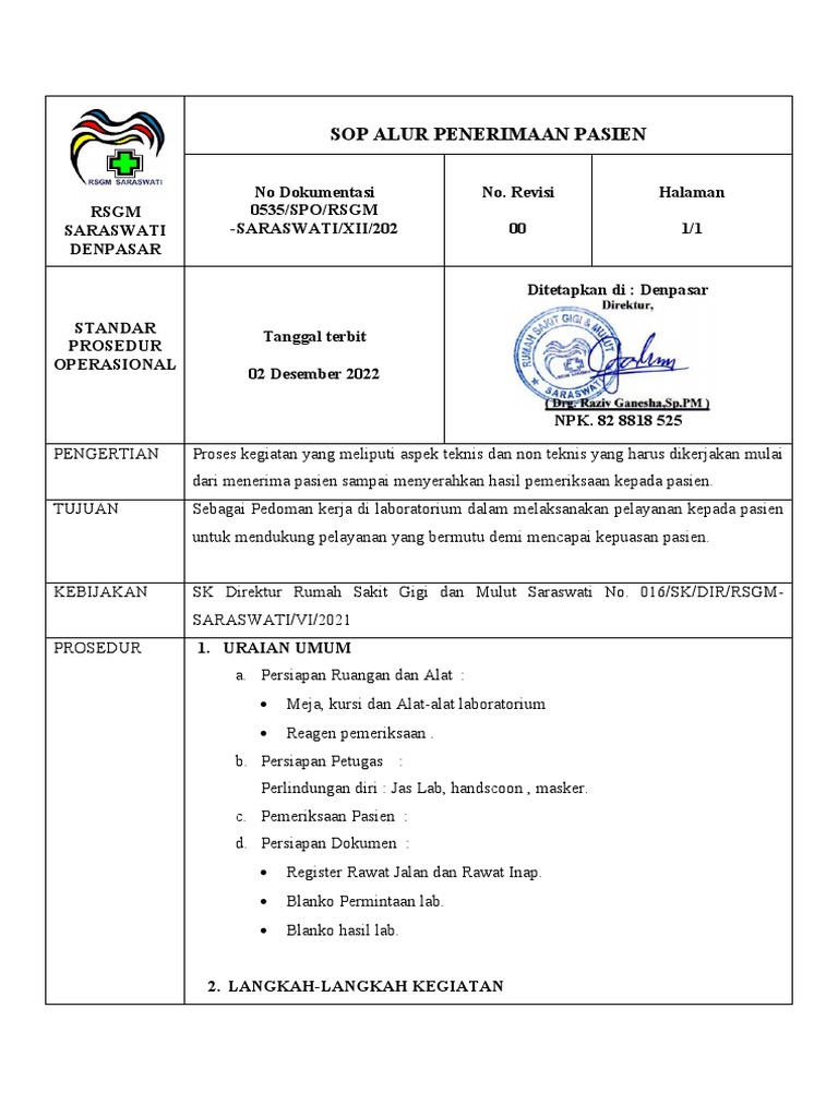 Sop Alur Penerimaan Pasien | PDF
