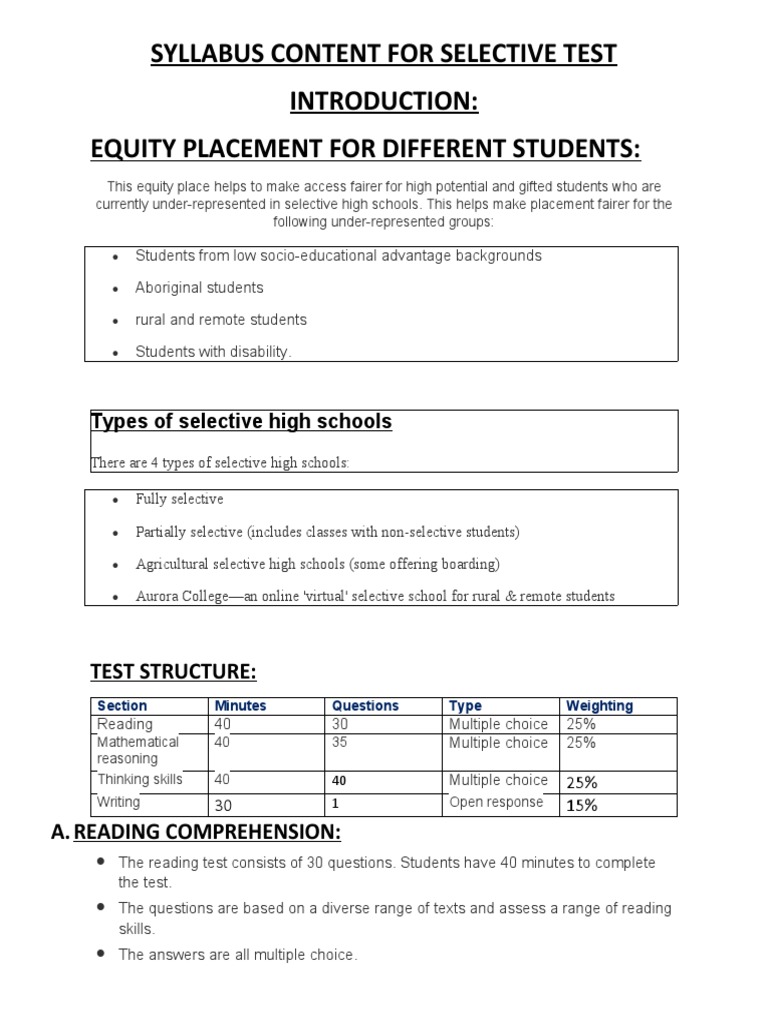 Selective Test Syllabus Overview | PDF | Multiple Choice | Reading ...