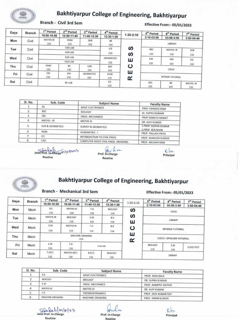BCE, B.Tech. 3rd Sem Routine | PDF