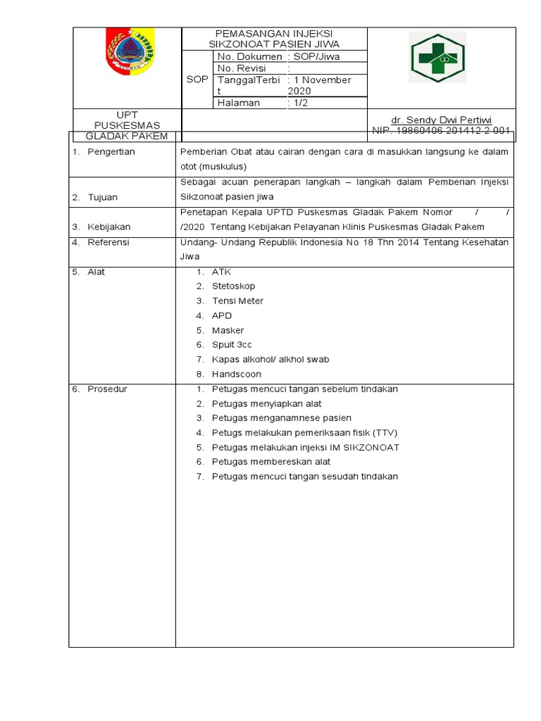 Sop Pemberian Injeksi Sikzonoat Pasien Jiwa | PDF
