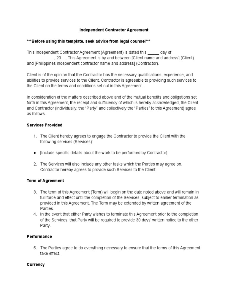 Independent Contractor Agreement Philippines Template | Download Free ...
