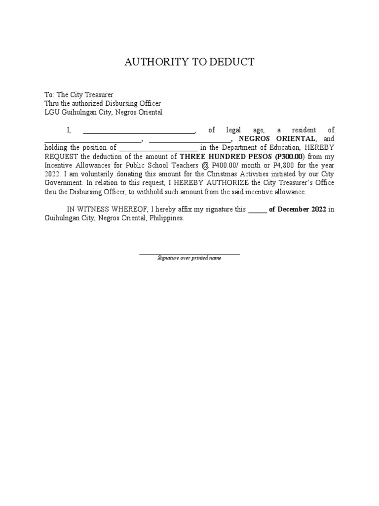 Authority To Deduct Edited | PDF