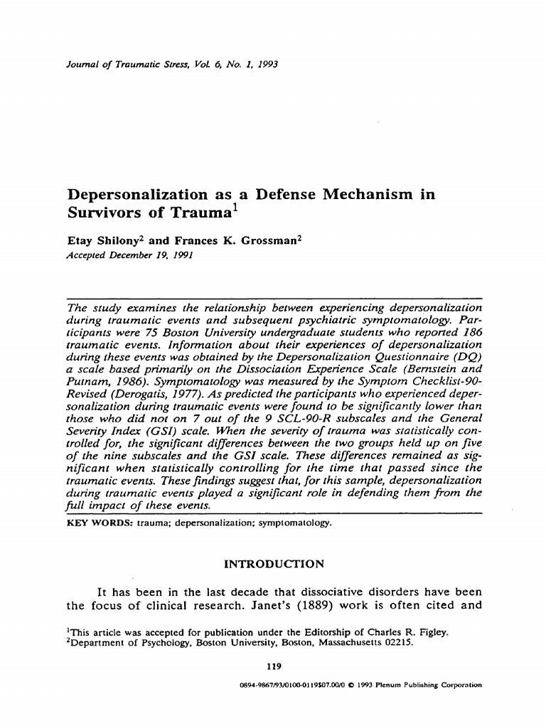 Depersonalization As A Defense Mechanism in Survivors of Trauma | PDF ...