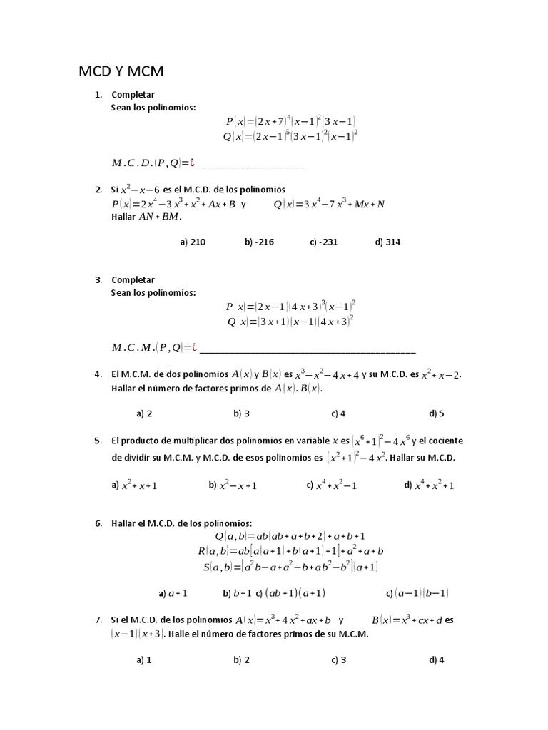 MCD y MCM | PDF | Álgebra | Matemáticas discretas