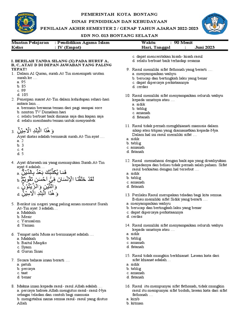 Soal Sat Pai Kls 4 SM 2 Penyusun Soal Kelas 4 Revisi | PDF