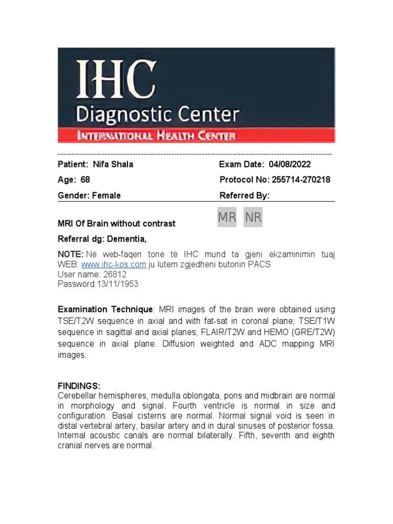 Brain MRI Report for Nifa Shala | PDF | Human Anatomy | Neuroscience