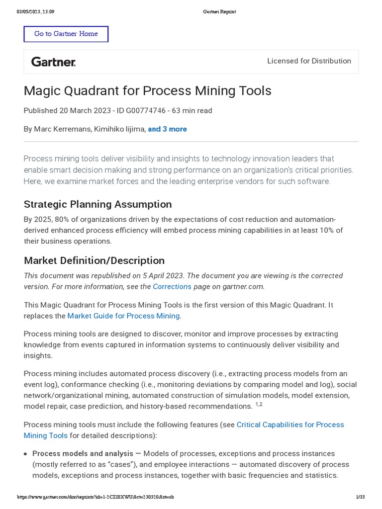 Gartner Report - Process Mining - Mar 2023 | PDF | Automation | Analytics