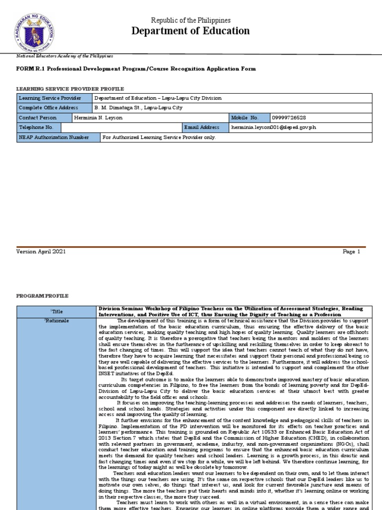 FORM R.1 Recognition Application Form Final | PDF | Educational Assessment | Teachers