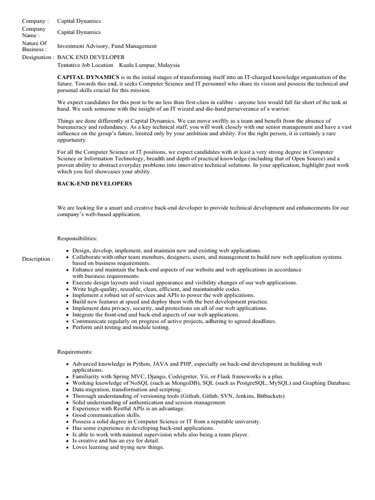 Capital Dynamics - Back End Developer | PDF | Software Development ...
