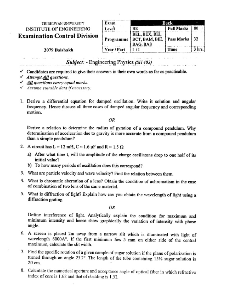 IOE First Semester Physics Past Questions | PDF