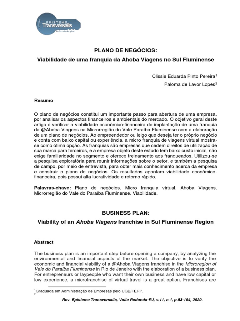 Viabilidade de Uma Franquia Da Ahoba Viagens No Sul Fluminense | PDF