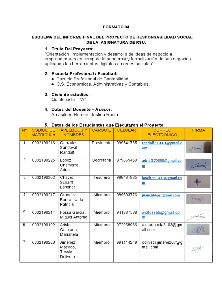 Esquema Del Informe Final Del Proyecto de Responsabilidad Social | PDF