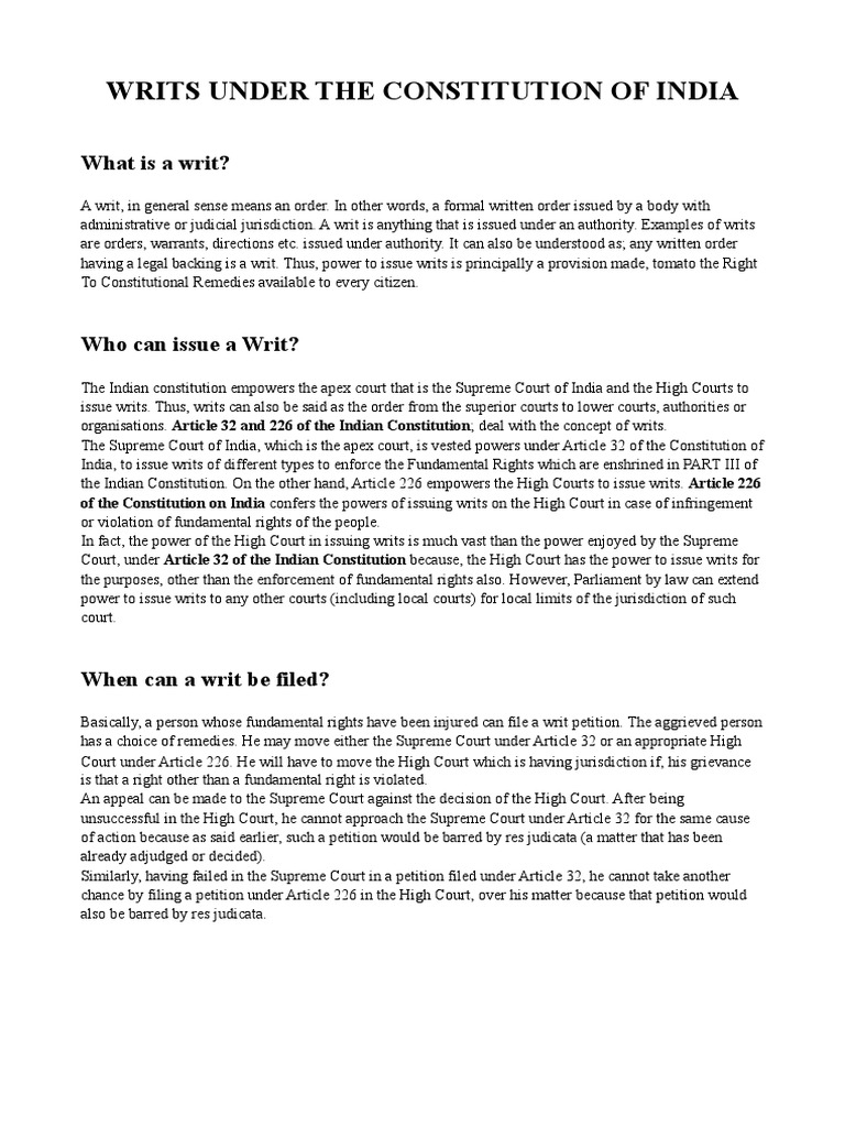 Writs Under The Constitution of India | PDF