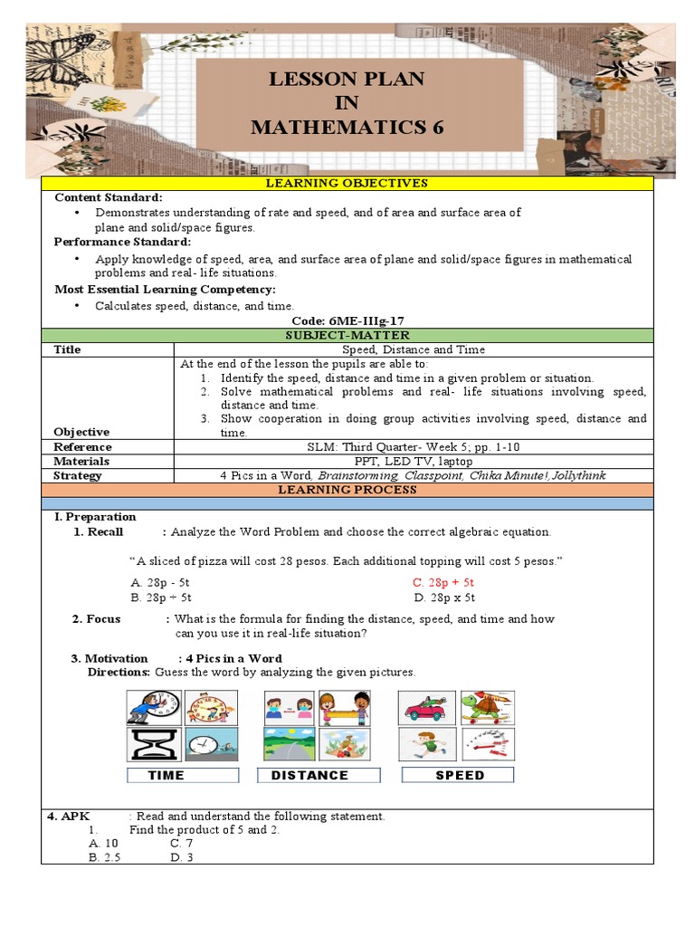 Speed, Distance, and Time Lesson Plan | PDF | Speed | Distance