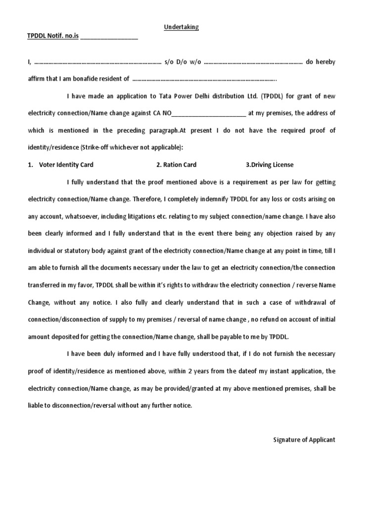 TPDDL Electricity Connection Indemnity Form | PDF