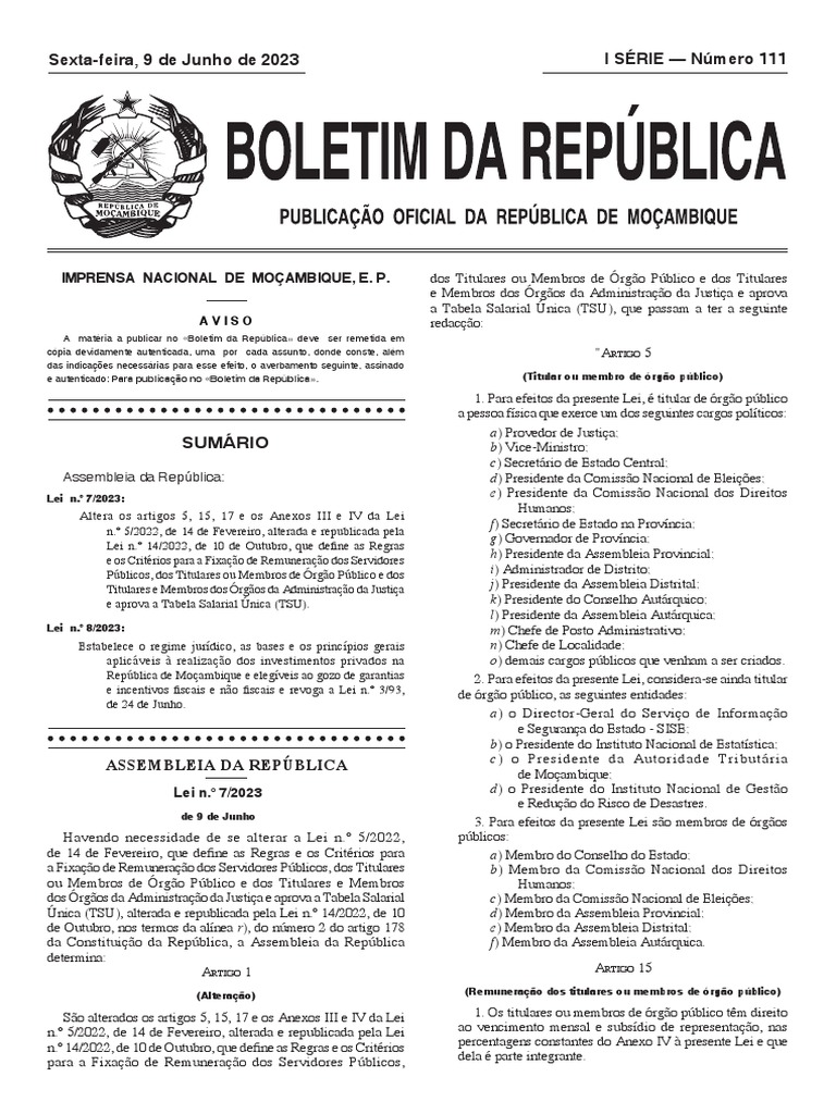 Lei de Alteracao Da Tabela Salarial Unica TSU e Lei de Investimentos ...