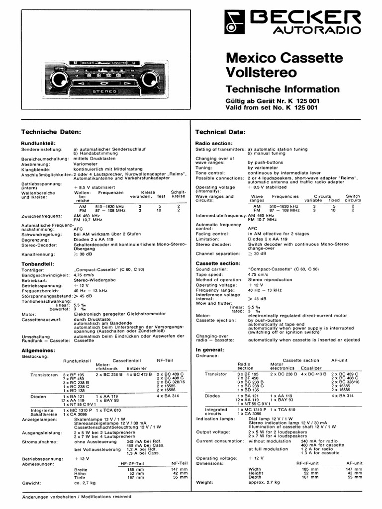 Becker Mexico Cassette Vollstereo SM | PDF