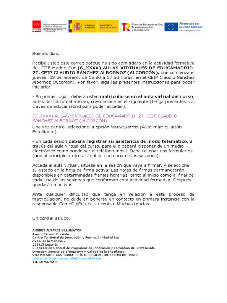 Instrucciones Matrícula Aula Virtual. Ceip Claudio Sánchez Albornoz | PDF