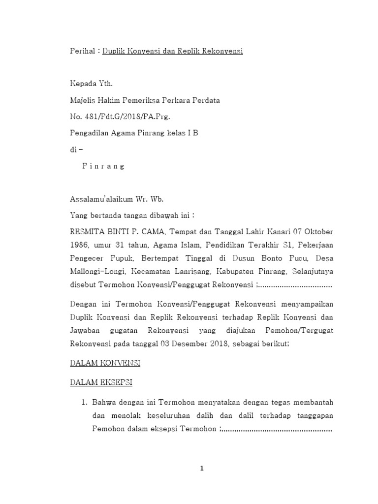 Contoh Duplik Rekonvensi | PDF | Pengelolaan Keuangan & Uang | Hukum