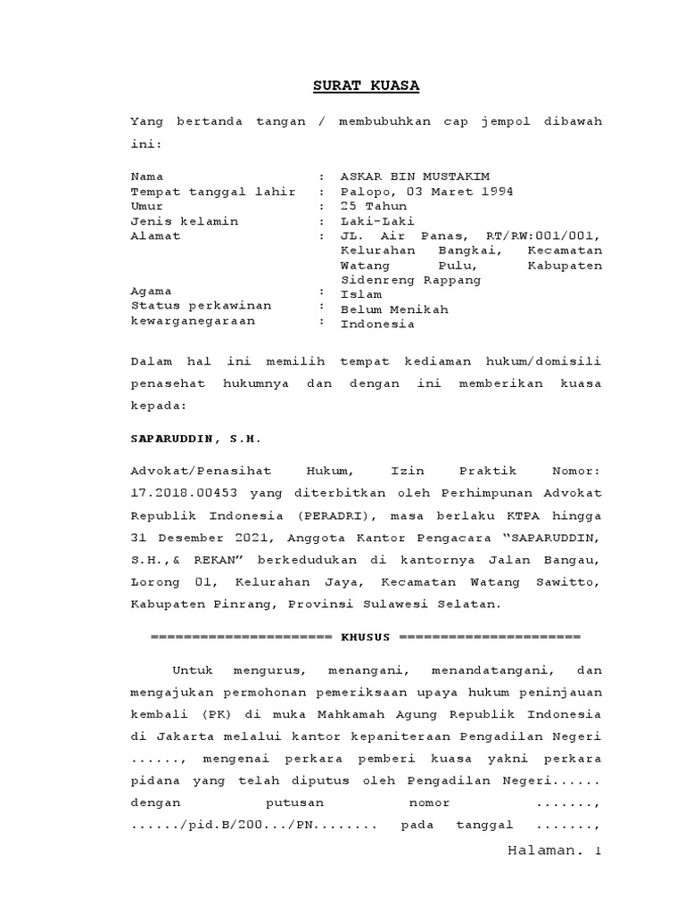 Surat Kuasa PK Askar Bin Mustakim | PDF